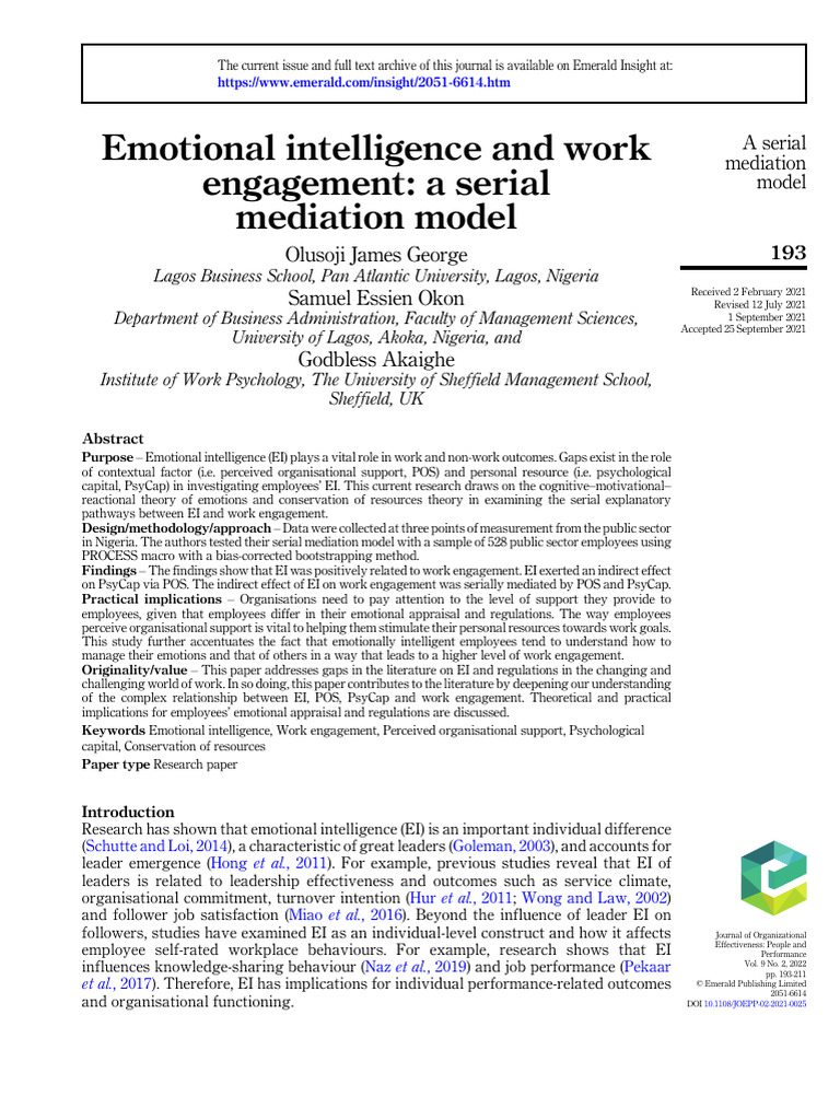 George Et Al 2022 - Emotional Intelligence and Work Engagement - A Serial Mediation Model | PDF