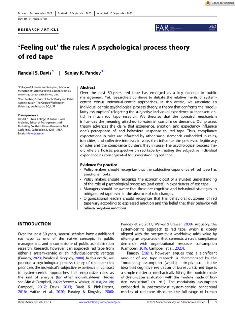 Davis & Pandey 2023 - Feeling Out The Rules A Psychological Process Theory of Red Tape | PDF ...