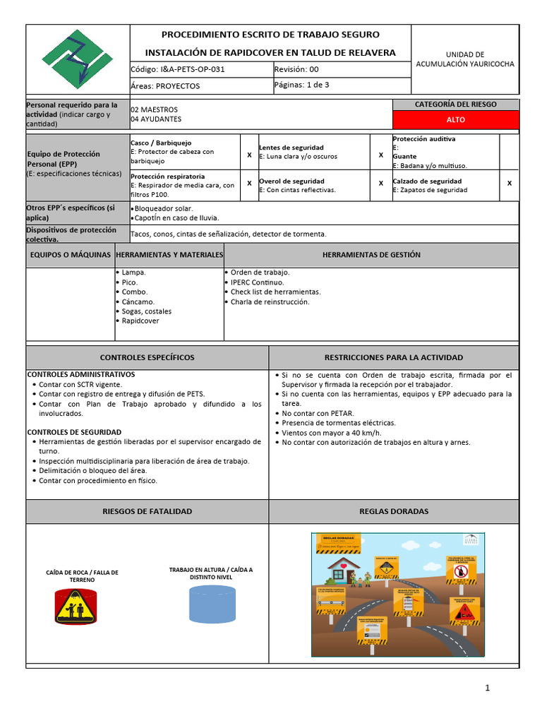 I&a-Pets-Op-031 - Instalación de Rapidcover en Talud de Relavera | PDF | La seguridad | Naturaleza
