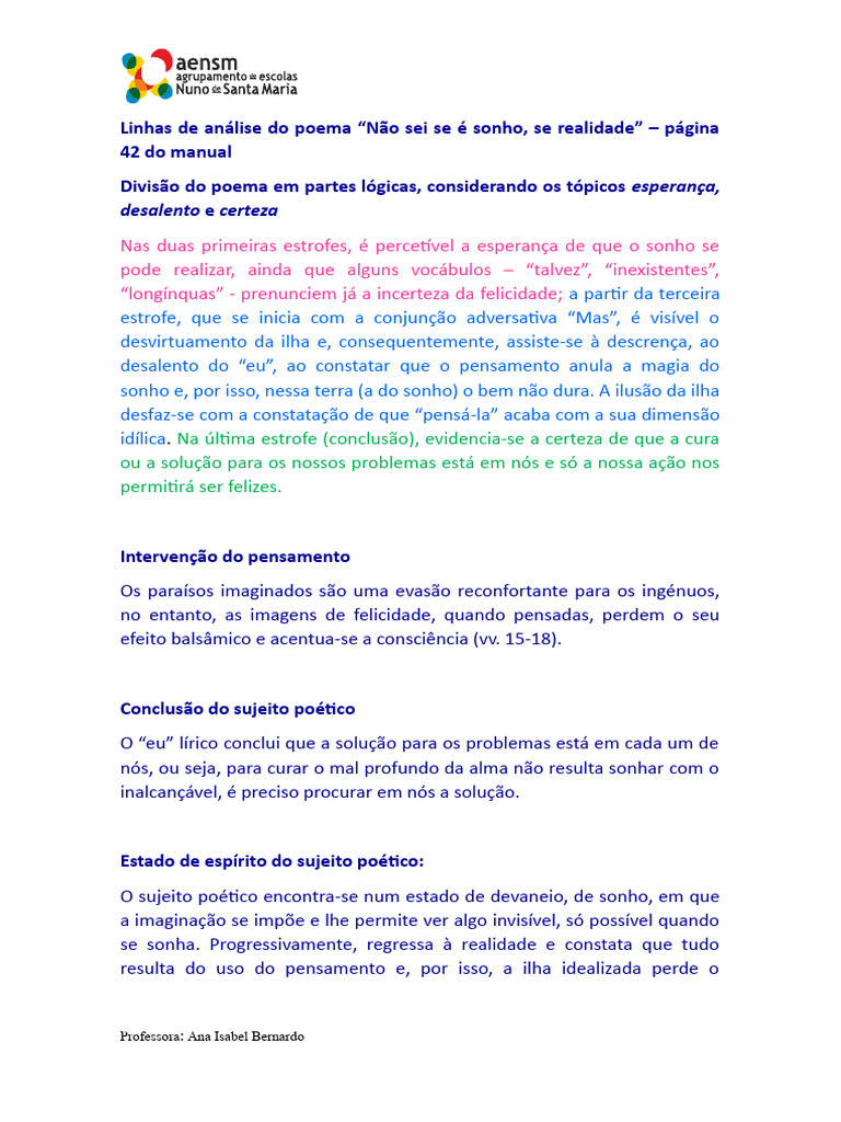 Linhas de Análise Do Poema Não Sei Se É Sonho, Se Realidade | PDF