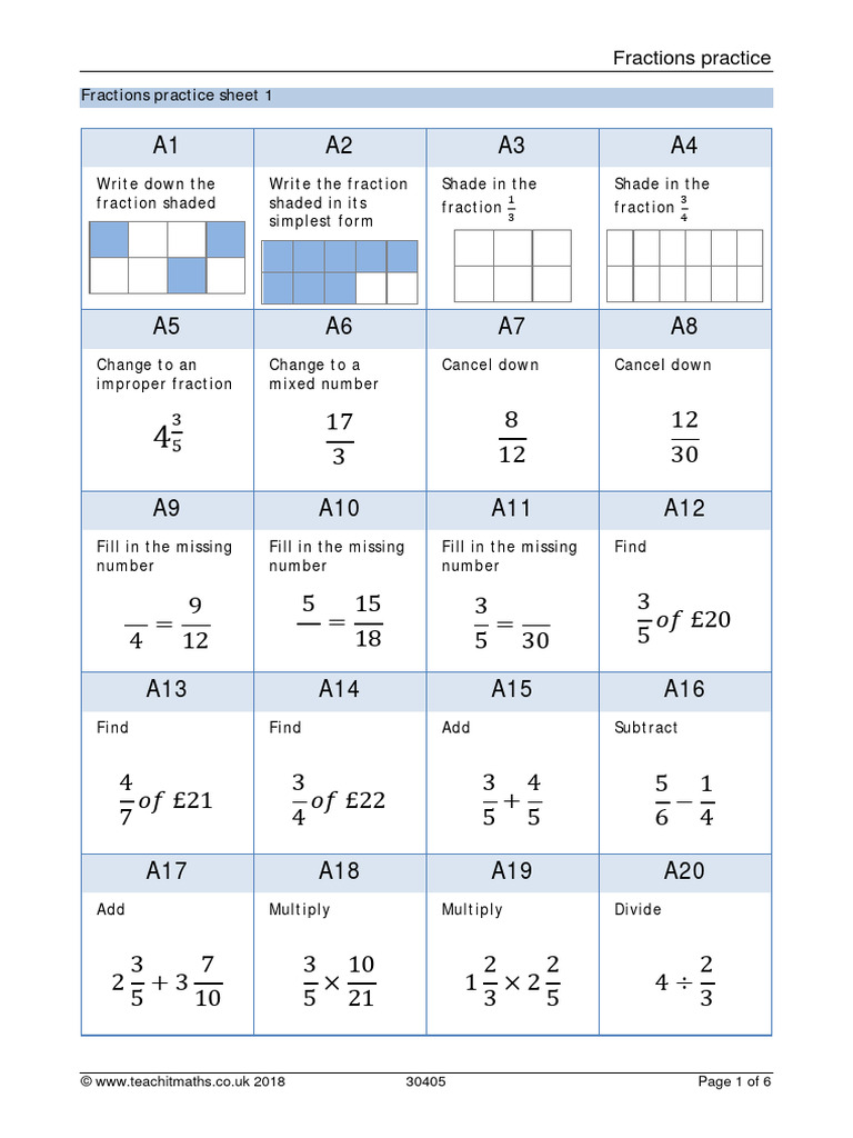A1 A2 A3 A4: Fractions Practice | PDF | Numbers | Mathematical Notation