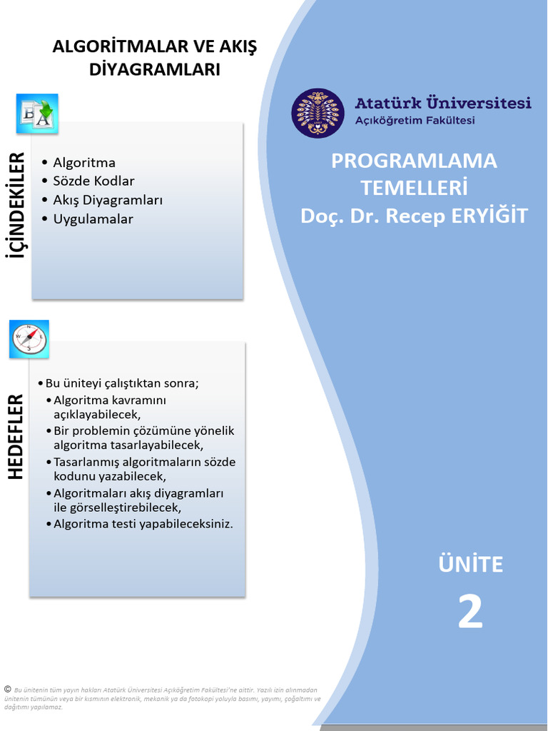 Ünite: Algoritmalar Ve Akış Diyagramları | PDF