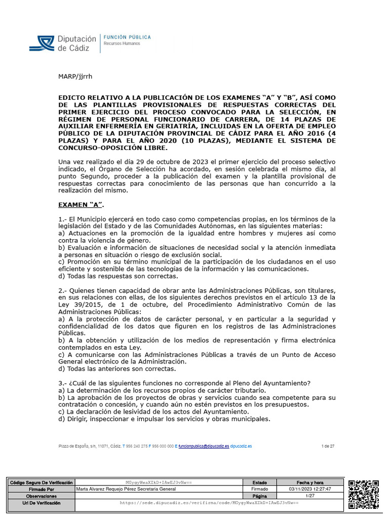 Examenes y Plantillas Provisionales de Respuestas Correctas Del 1er Ejercicio | PDF