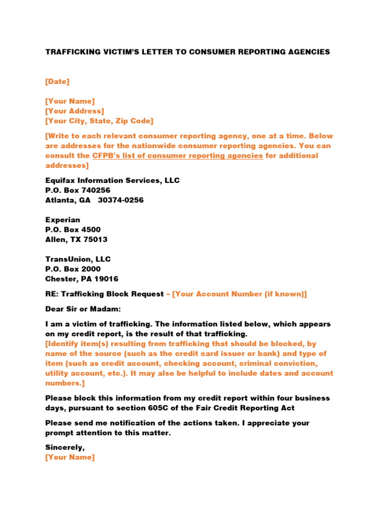 Adverse Credit Information Sample Letter For Survivors of Human ...