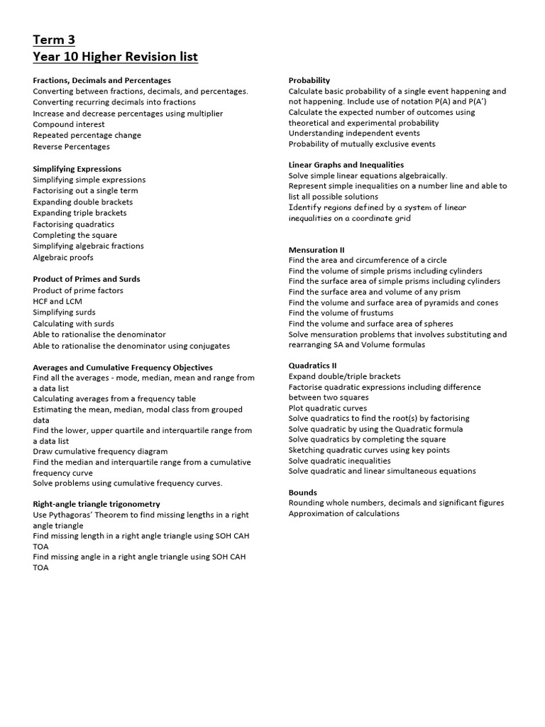 Year 10 Math Revision Topics | PDF | Teaching Methods & Materials