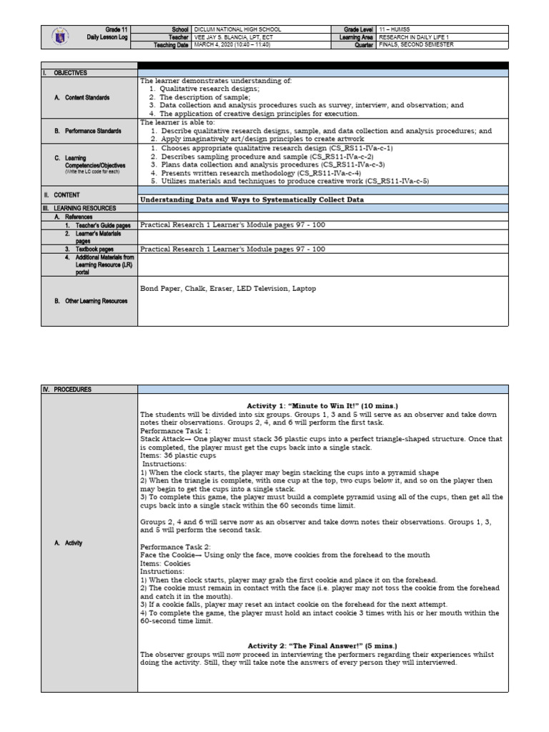 Practical Research 1 Observation DLP | PDF | Career & Growth