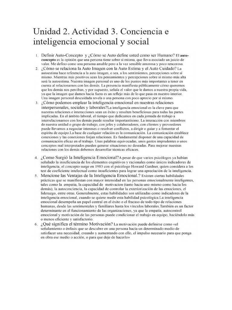 Unidad 2. Actividad 3. Conciencia e Inteligencia Emocional y Social | PDF