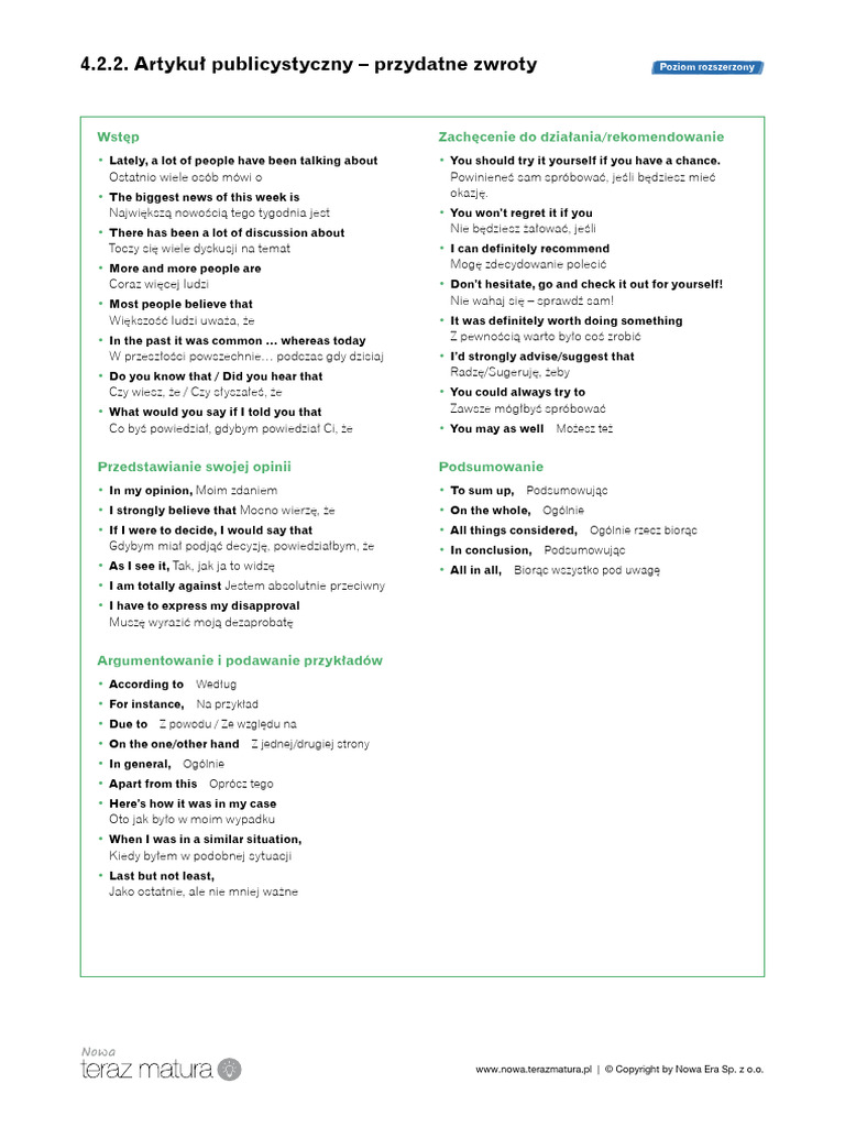 4.2.2. Artykuł Publicystyczny - Przydatne Zwroty | PDF