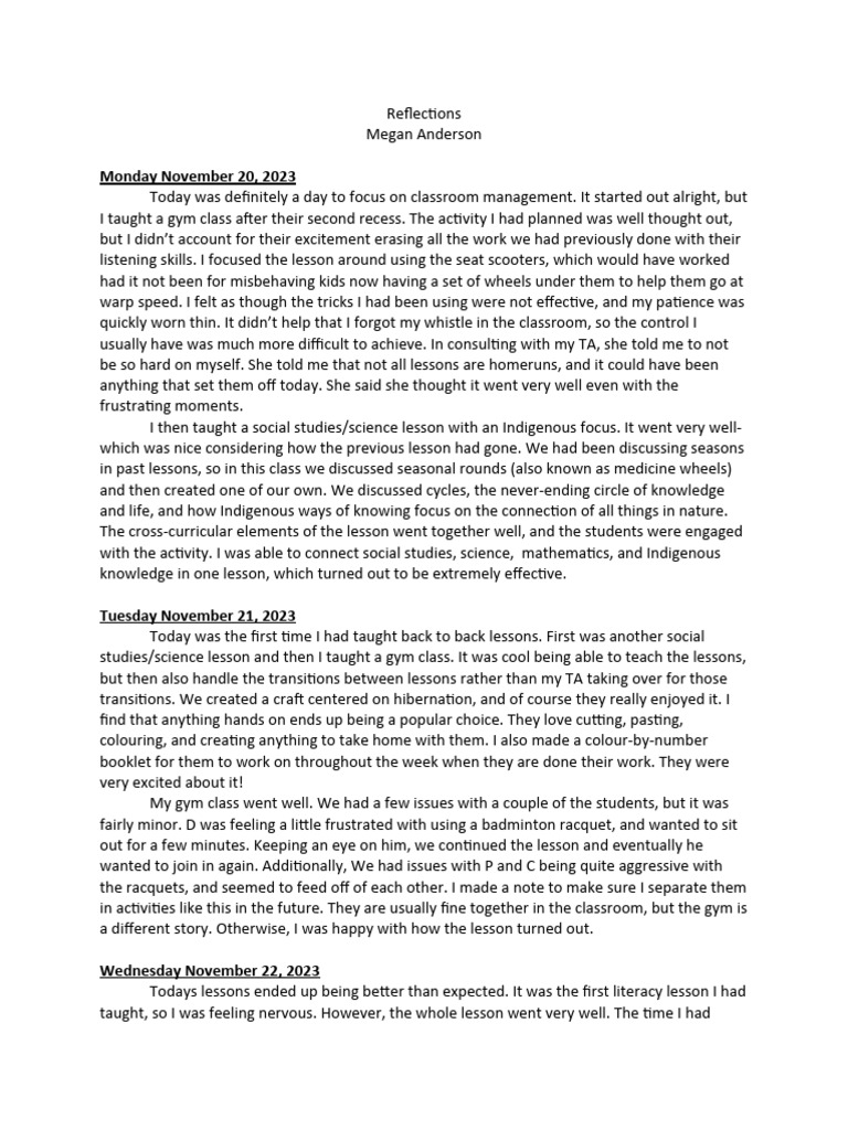 Reflections Nov.20 24 | PDF | Classroom