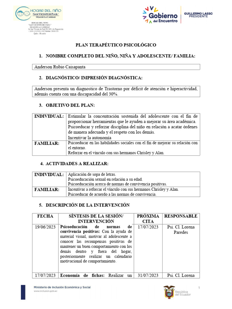 Junio 2023 Plan Terapéutico Psicológico Anderson Rubio | PDF | Comportamiento | Sicología