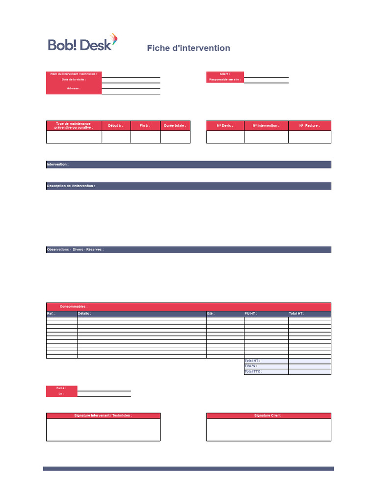 Fiche d'intervention technique Bob Desk | PDF