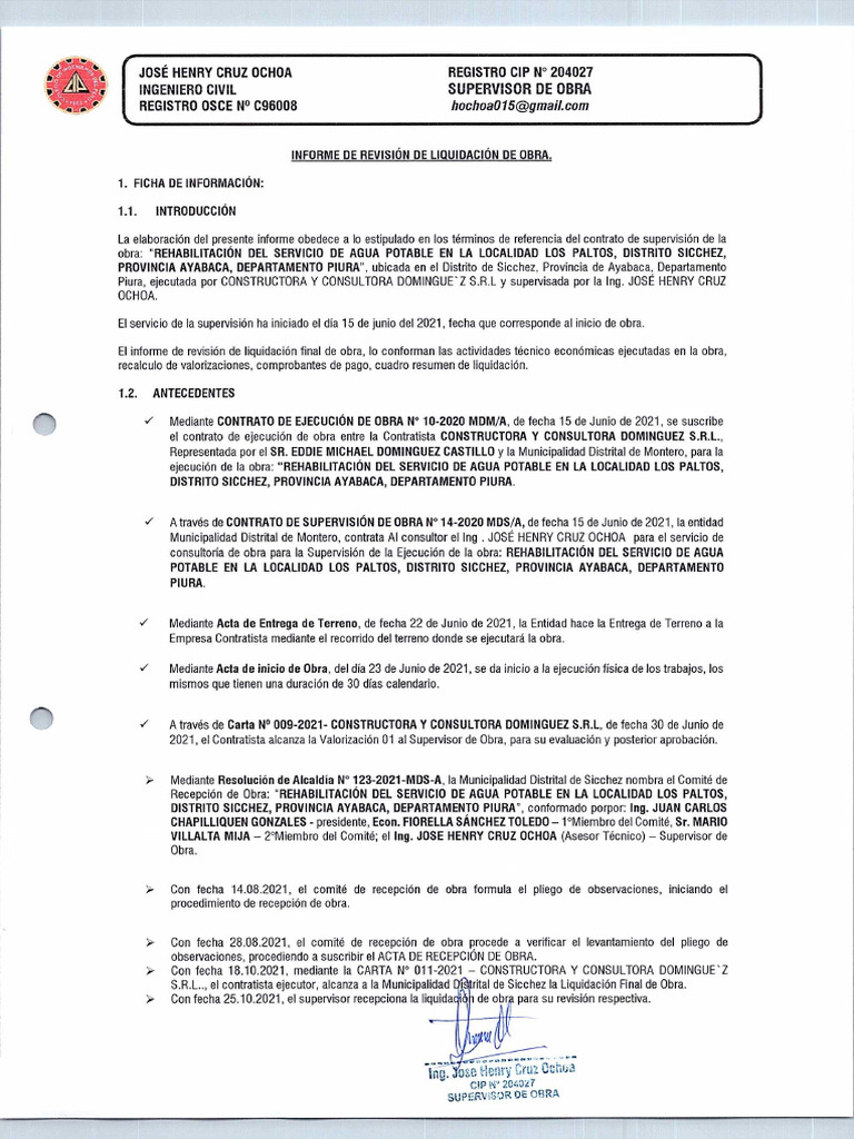 Informe Revision Supervision - Liquidacion Los Paltos | PDF