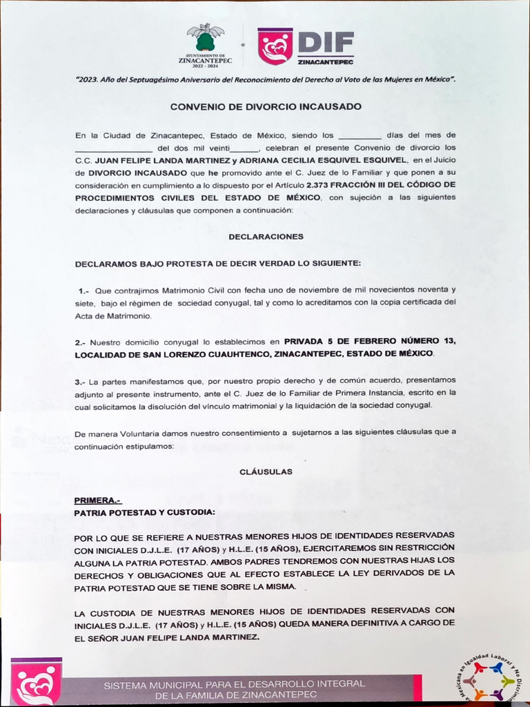 Propuesta de Convenio Divorcio | PDF