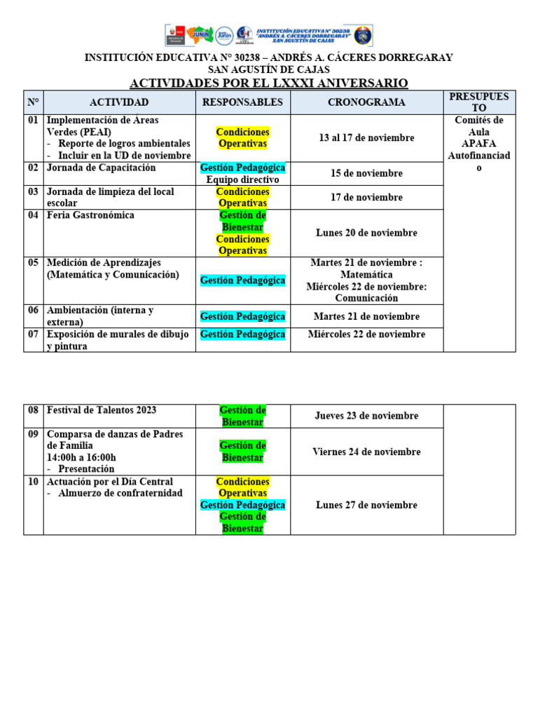 Actividades para El Aniversario I.E30238 | PDF