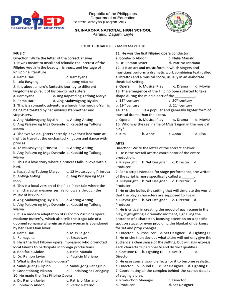 4TH Quarter Exam MAPEH 10 | PDF