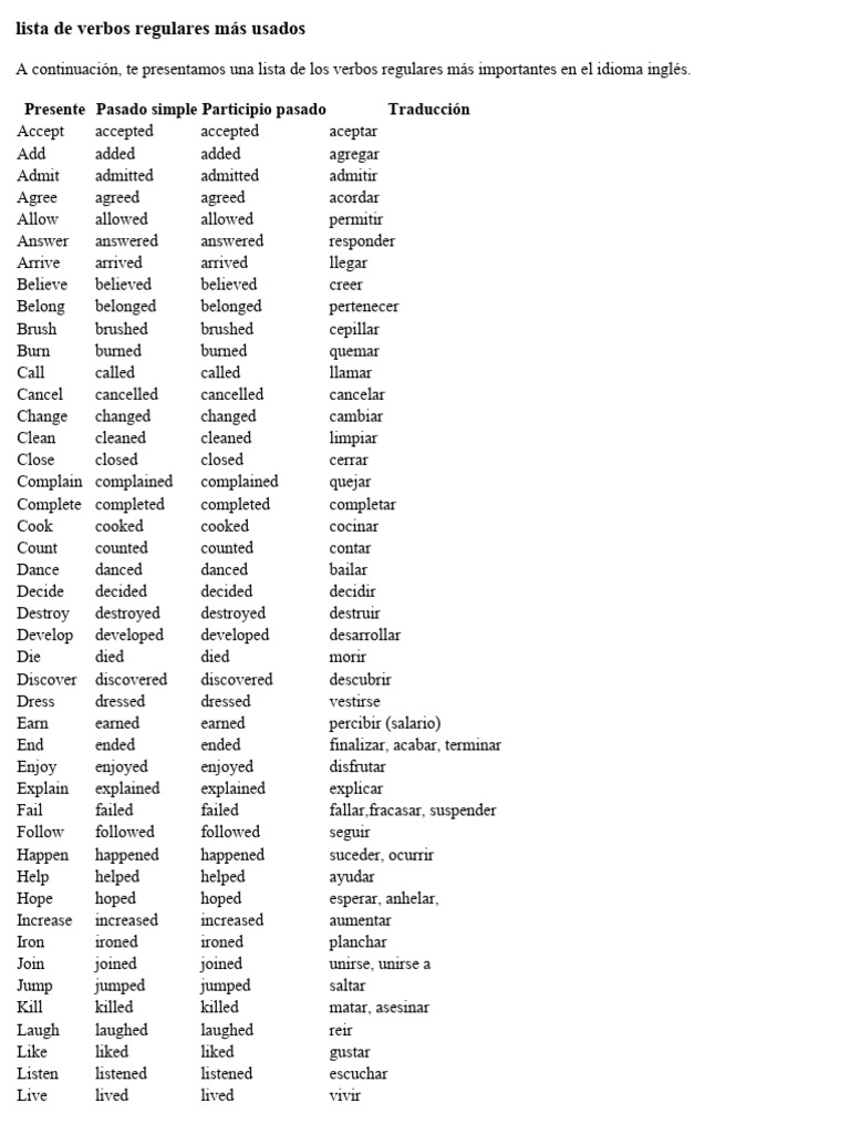 Lista de Verbos Regulares Más Usados | PDF | Language Arts & Discipline
