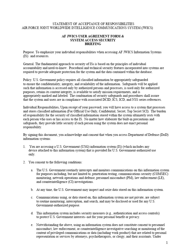 JWICS User Agreement | PDF | Password | Information