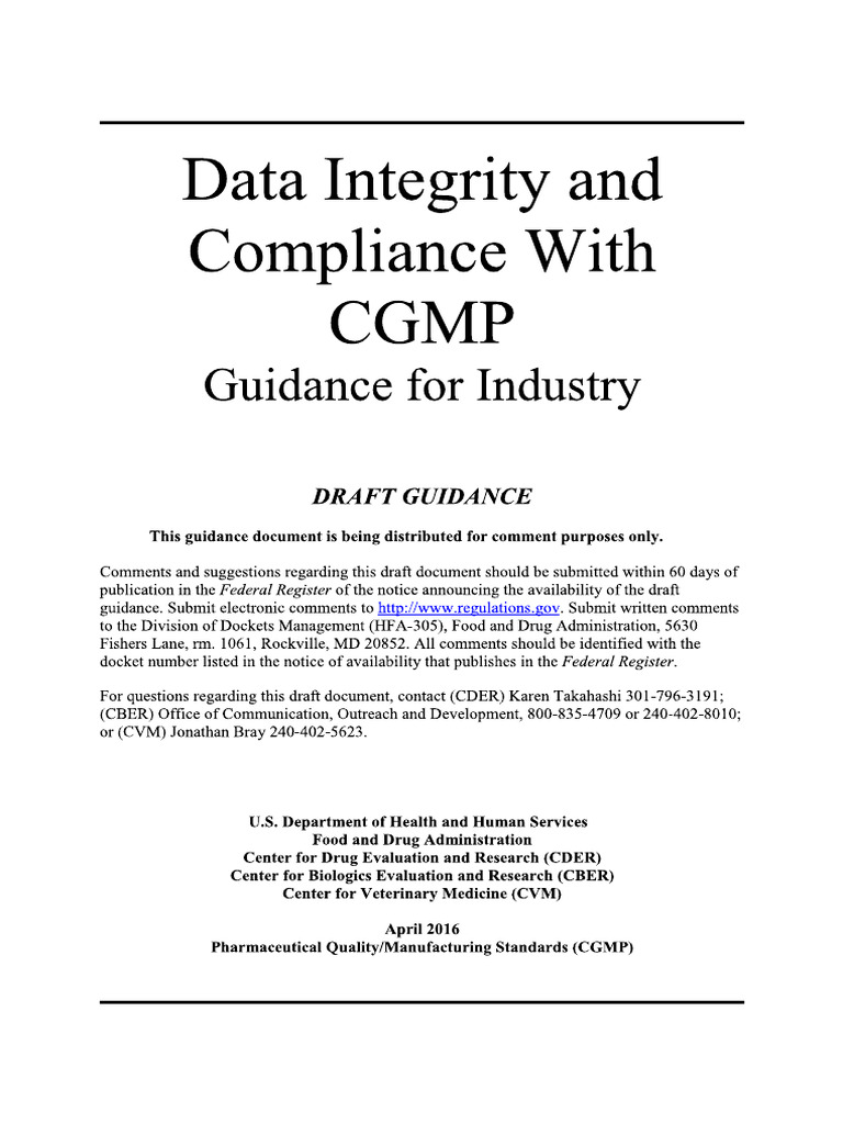 US FDA - Draft Guidance For Industry - Data Integrity and Compliance ...