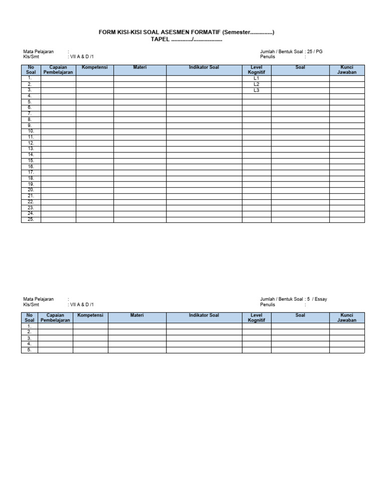 Contoh Kisi-kisi Asesmen Formatif | PDF
