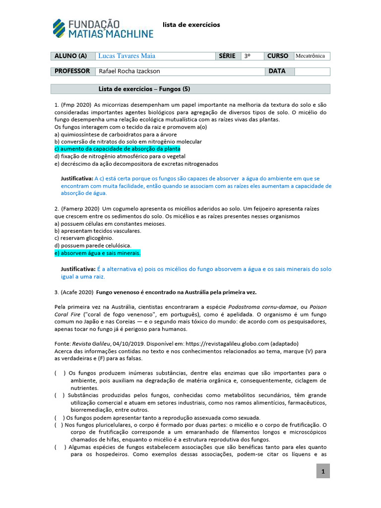 Lista 5 (Fungos) (3 Ano, 1 Bimestre) | PDF