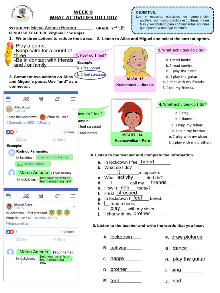 English worksheet 2nd grade - WEEK 9 | PDF