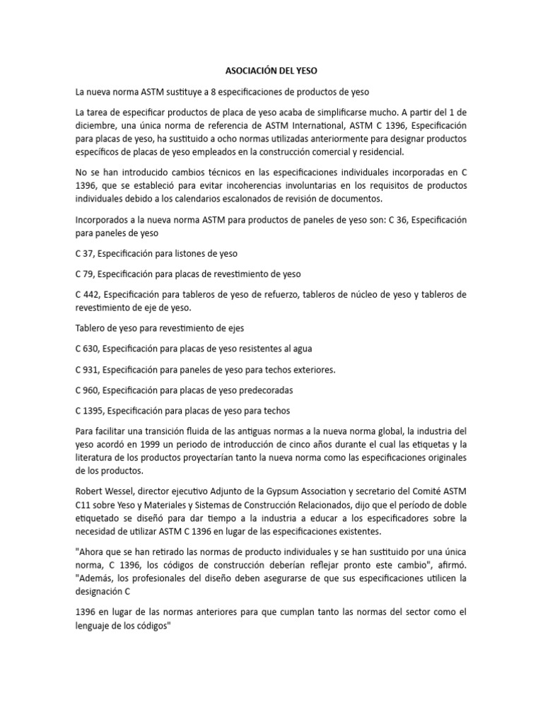 ASTM C1396 Sustituye A 8 Normas Sobre Yeso | PDF | Yeso