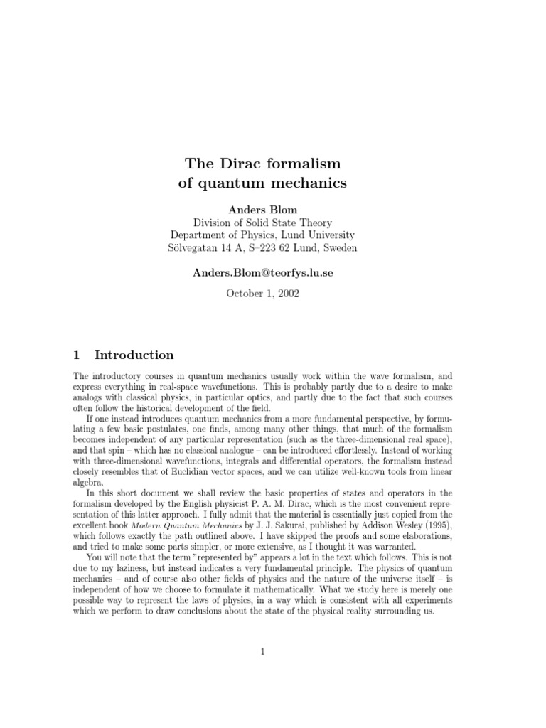 The Dirac Formalism of Quantum Mechanics | PDF | Business