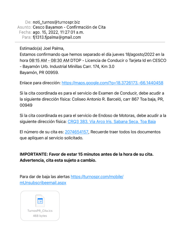 Cesco Bayamon - Confirmación de Cita | PDF