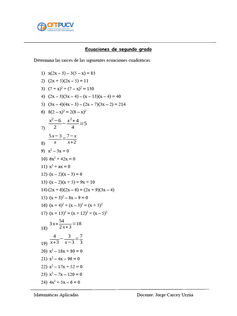 Guía de Ejercicios Ecuaciones de Segundo Grado | PDF | Matemáticas