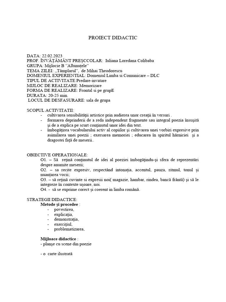 Proiect Didactic DLC "Tâmplarul" | PDF