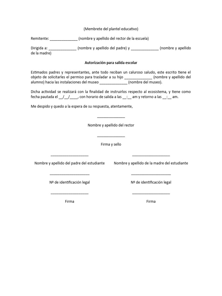 Plantilla de Carta de Autorización de Salida Escolar Por Visita Al ... Plantilla de Carta de Autorización de Salida Escolar Por Visita Al ...