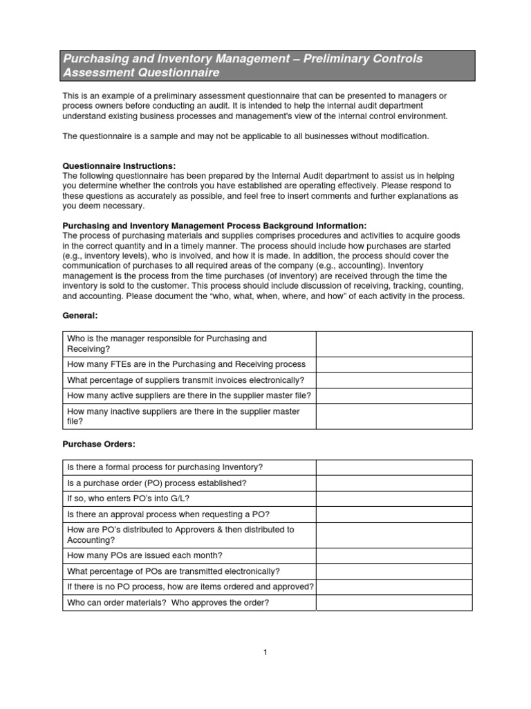 Purchasing and Inventory Questionnaire | PDF | Inventory | Bookkeeping