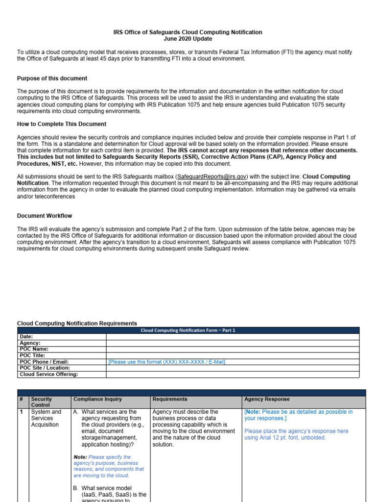 Azure 2021 IRS Safeguards Cloud Computing Notification Form | PDF
