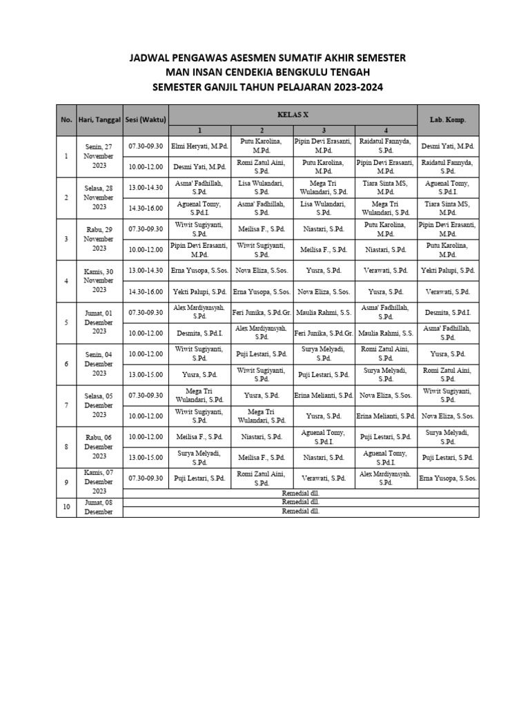 Jadwal Pengawas ASAS 2023-2024 Sem 1 | PDF