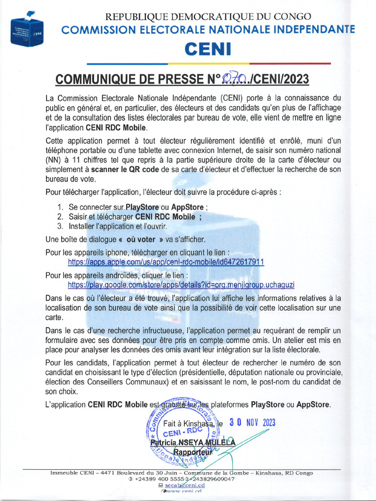 CENI RDC - Communiqué de Presse No. 70 - Application CENI RDC Mobile | PDF