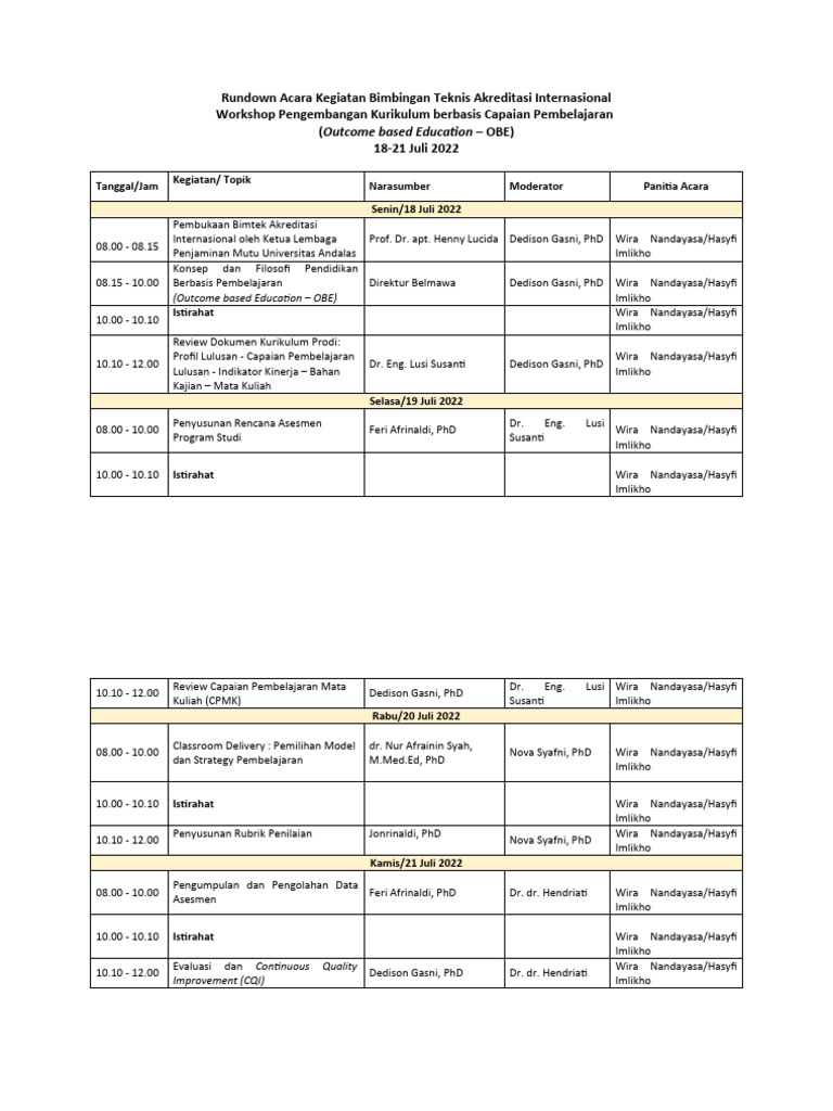 Rundown Acara Bimtek Akreditasi Internasional - Kurikulum OBE | PDF