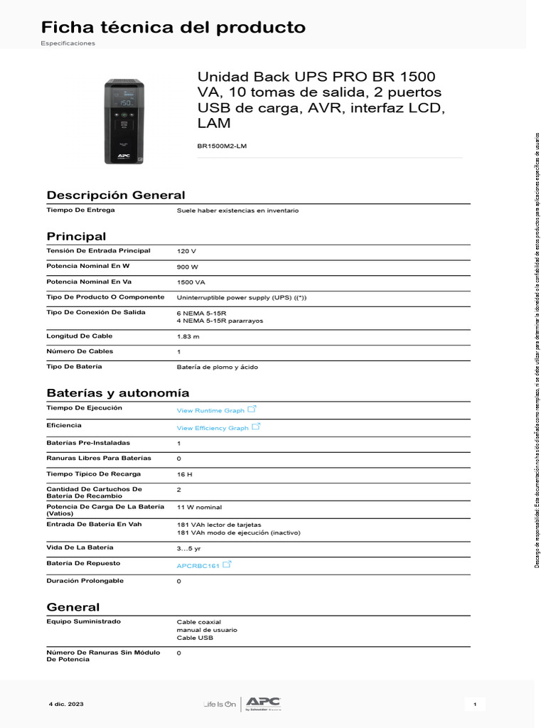 UPS APC Back-UPS Pro BR1500M2-LM | PDF | Electrónica | Cantidades fisicas