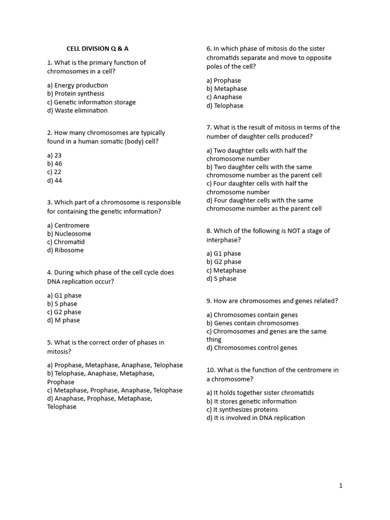 CELL DIVISION Q and A | PDF | Chromosome | Mitosis