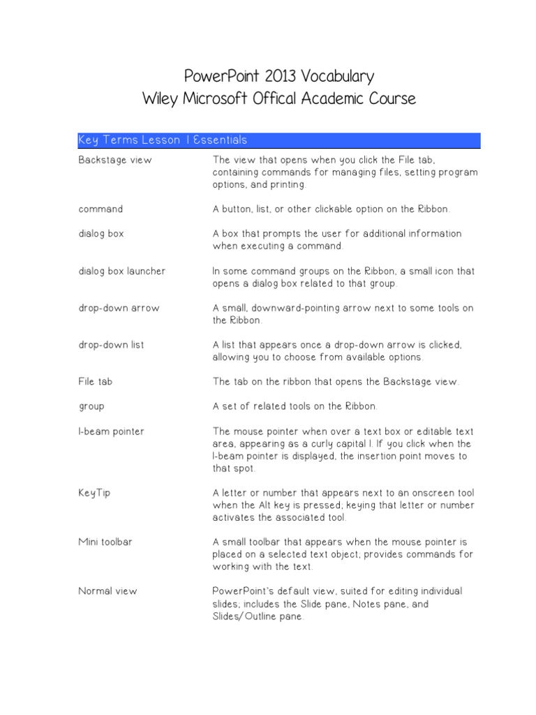 PowerPoint 2013 Vocabulary Master List | PDF | Chart | Microsoft Excel