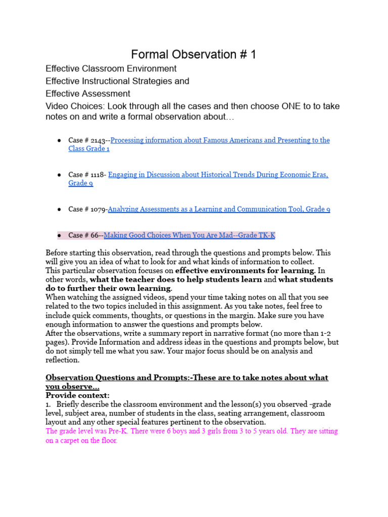 Formal Observation 1 Instructions | PDF