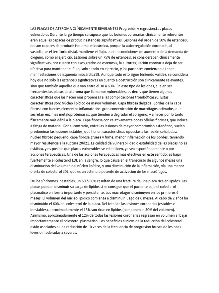 4LAS PLACAS DE ATEROMA CLÍNICAMENTE REVELANTES Progresión y Regresión ...