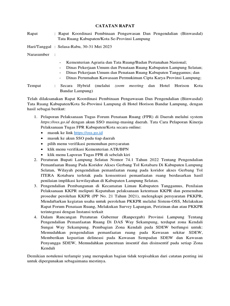 Notulensi Rapat BINWASDAL | PDF