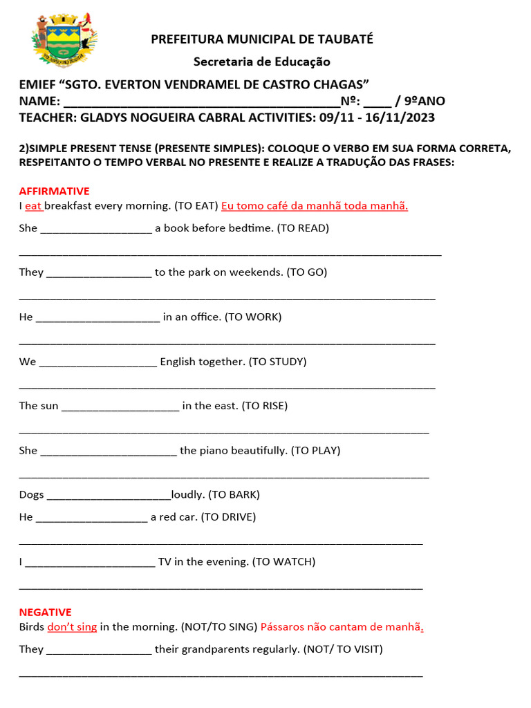ATIVIDADES_SIMPLE PRESENT TENSE_9º_ANO_NOV (1) | PDF