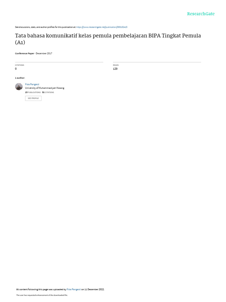 Tata Bahasa Komunikatif Kelas Pemula Pembelajaran BIPA Tingkat Pemula (A1) | PDF