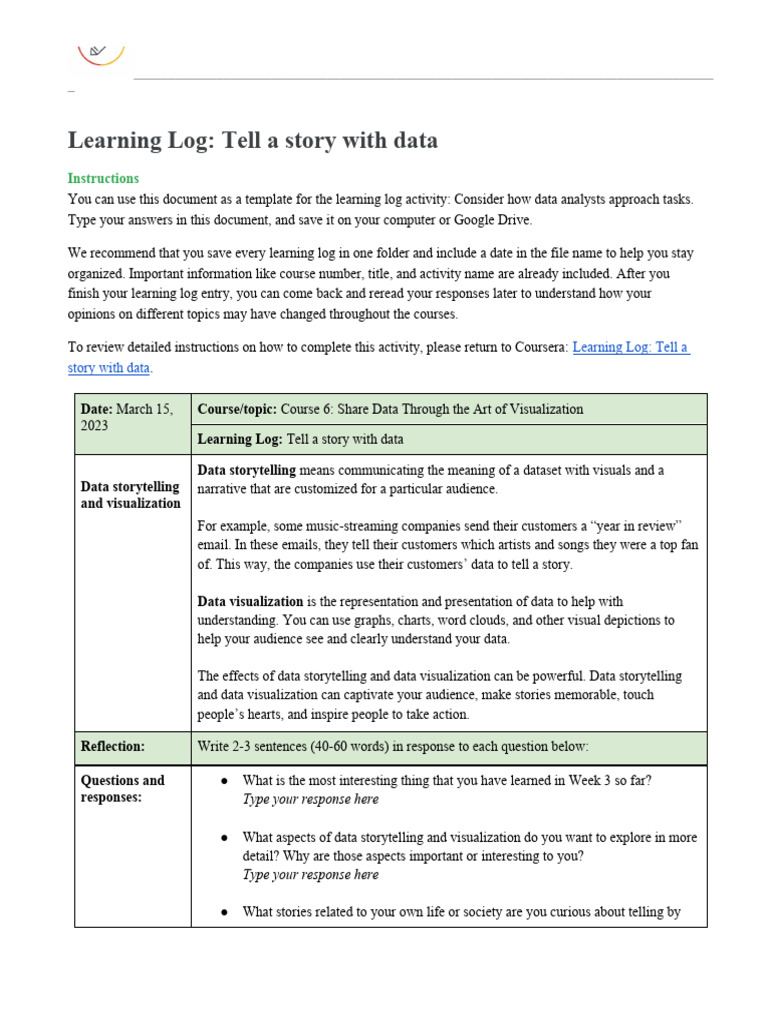 Learning Log Template - Tell A Story With Data | PDF | Data | Storytelling