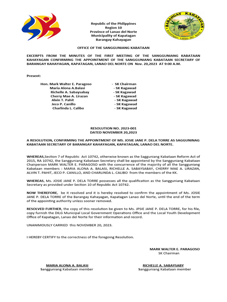 SK Resolution Secretary Appoinment 2023 | PDF