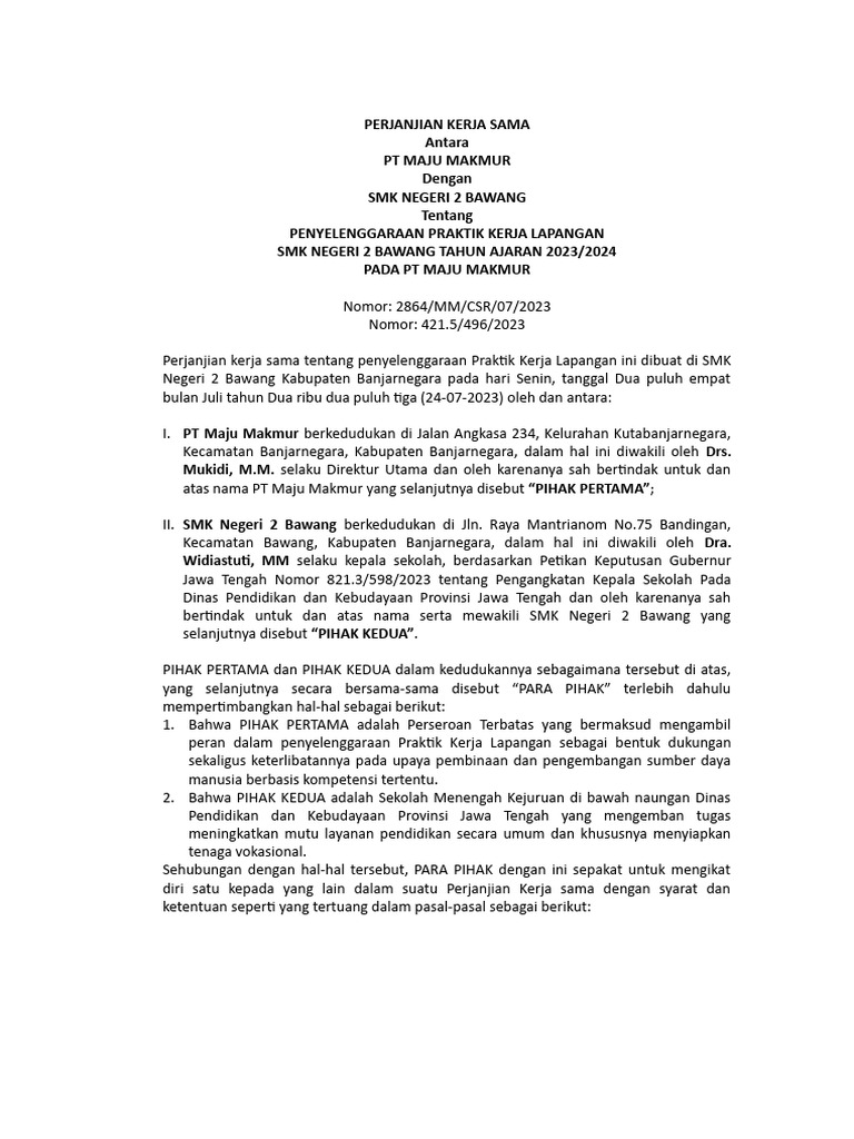 Draft Naskah Perjanjian Kerja Sama PKL | PDF