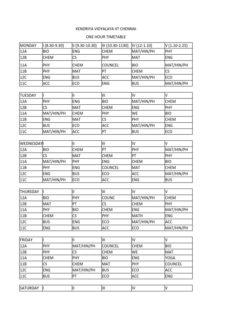 One Hour Timetable Dec | PDF