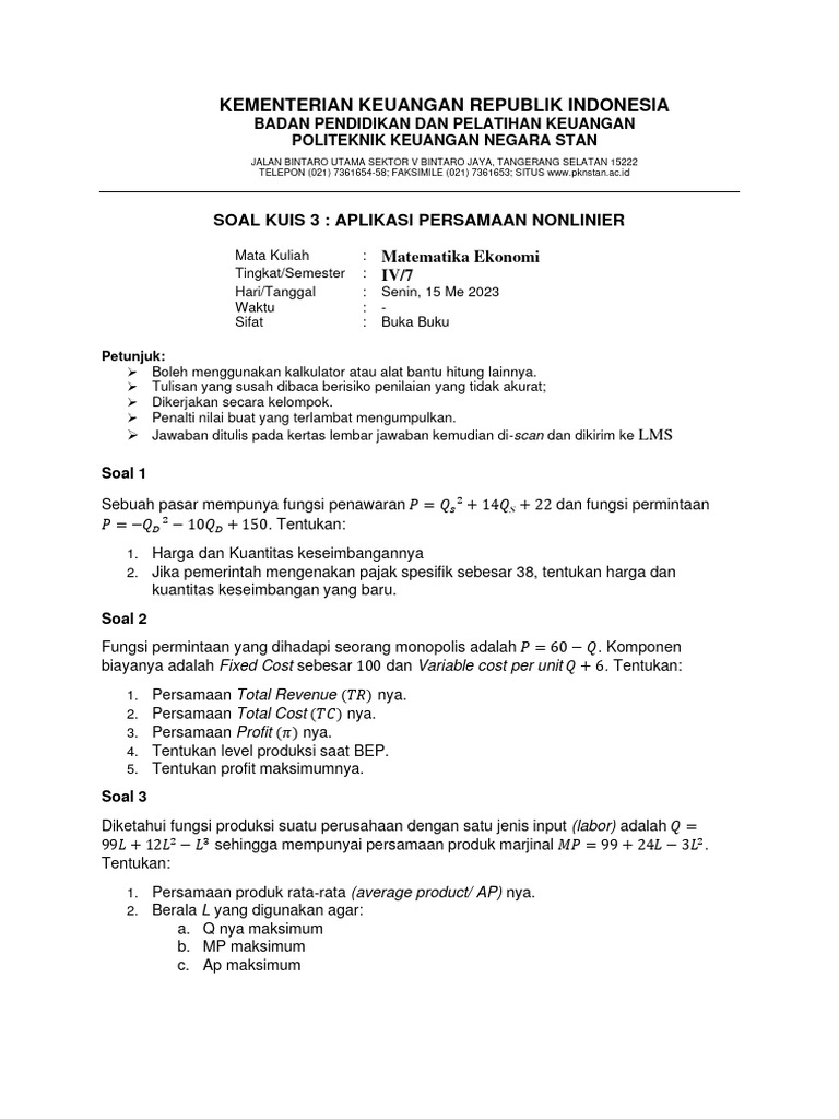 Soal Kuis 3 | PDF | Bisnis