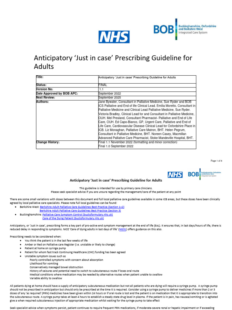 Anticipatory Prescribing Guidelines for EoL | PDF
